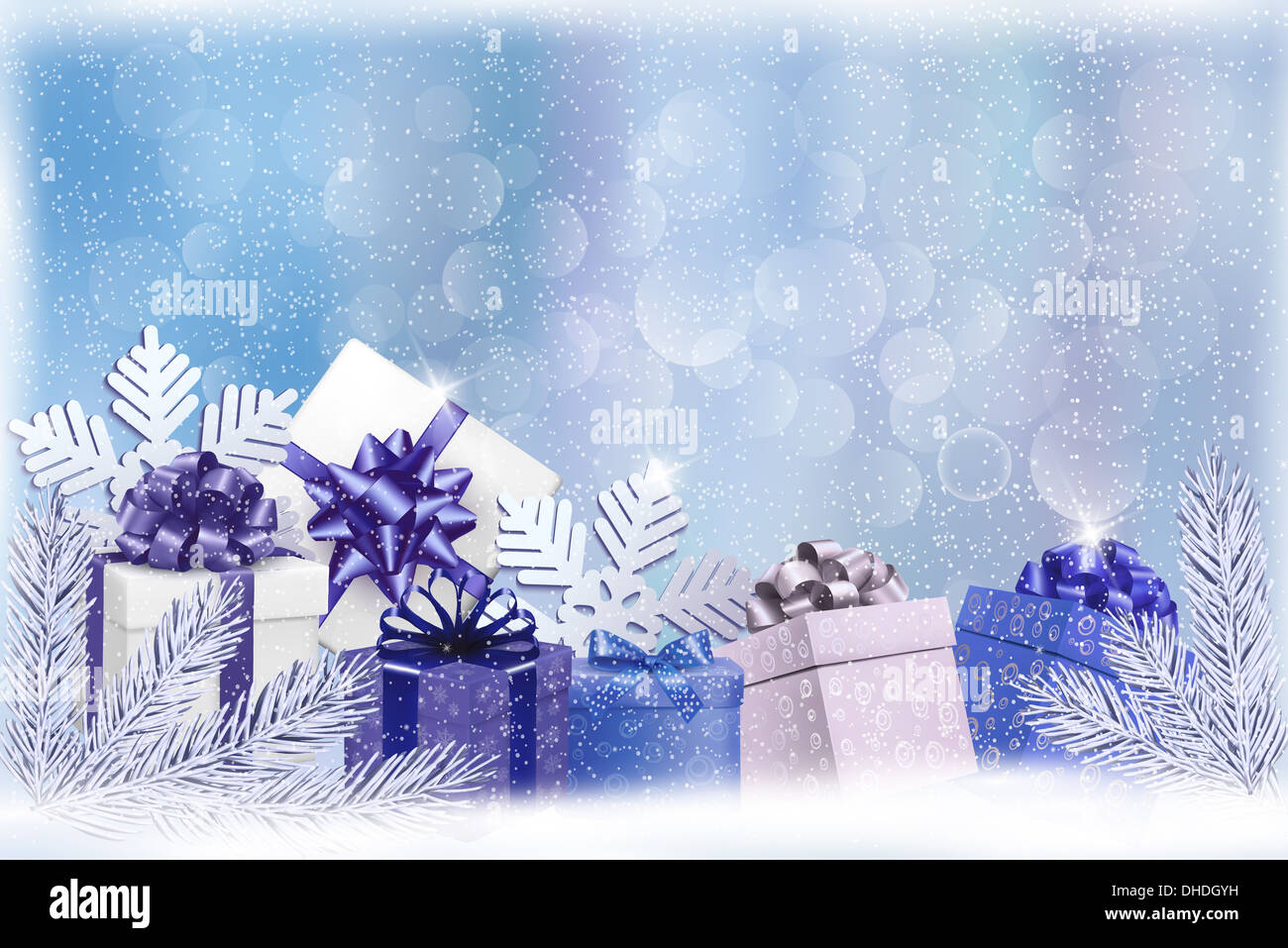 Christmas blue background with gift boxes and snowflakes. Vector Stock Photo - Alamy