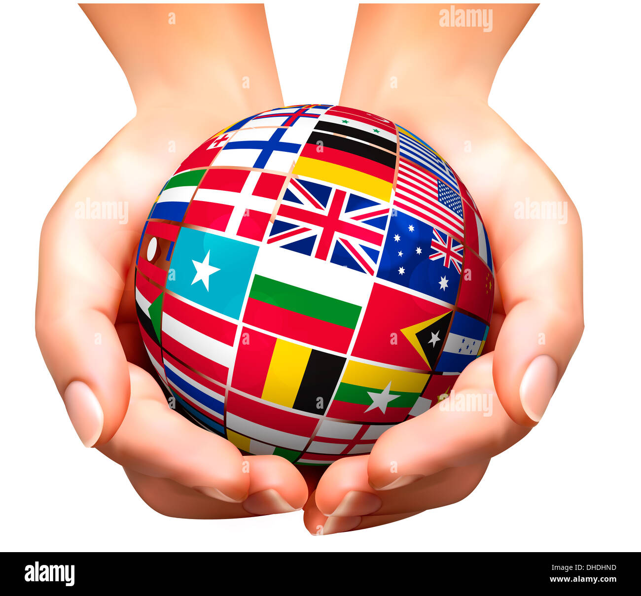 Flags of the world in globe and hands. Vector illustration Stock Photo ...