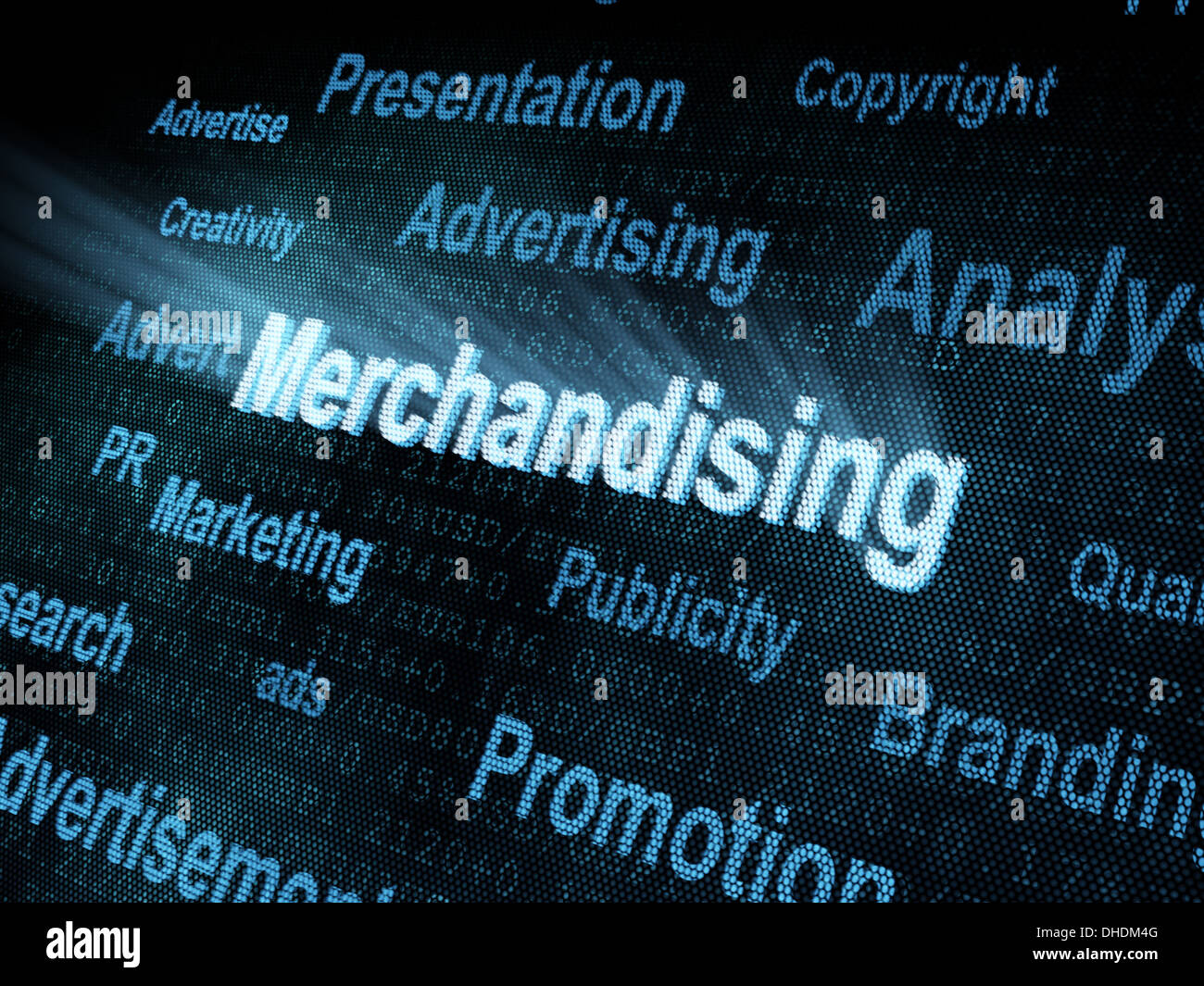 Pixeled word Merchandising on digital screen Stock Photo - Alamy