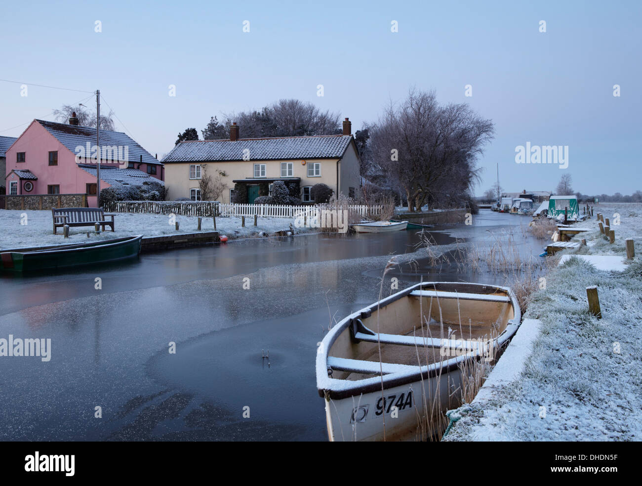 A frosty winter morning in the Norfolk Broads at West Somerton Staithe ...