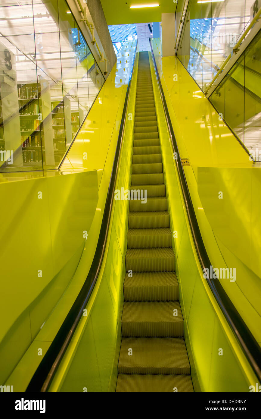 Escalator With Bright Yellow Sides In Seattle Central Library; Seattle ...
