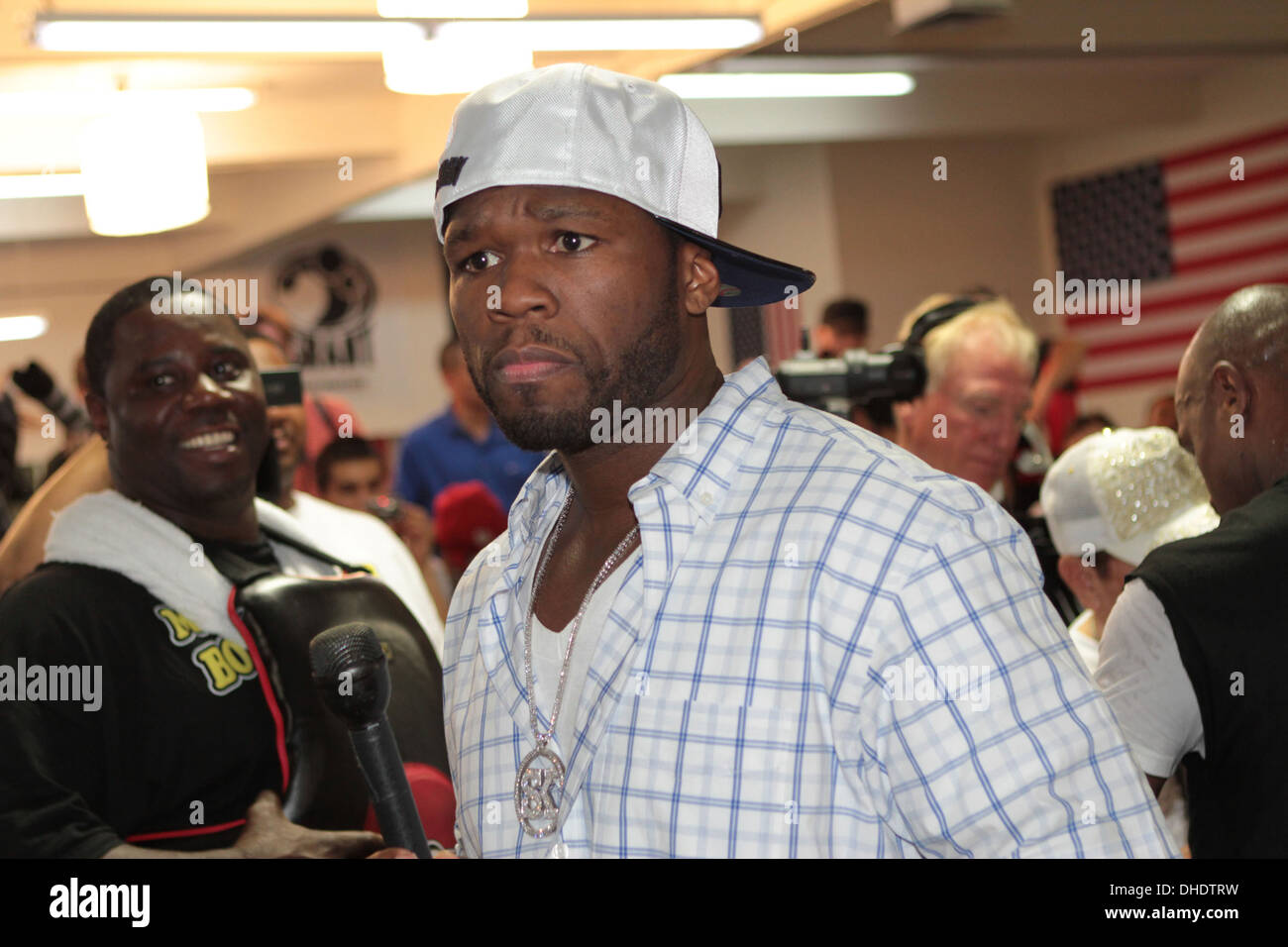 Rapper 50 cent attends an open media workout at Mayweather boxing Gym ...