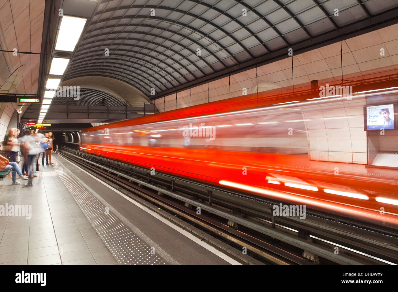 A train pulls out of a station on the Lyon metro system, Lyon, Rhone ...