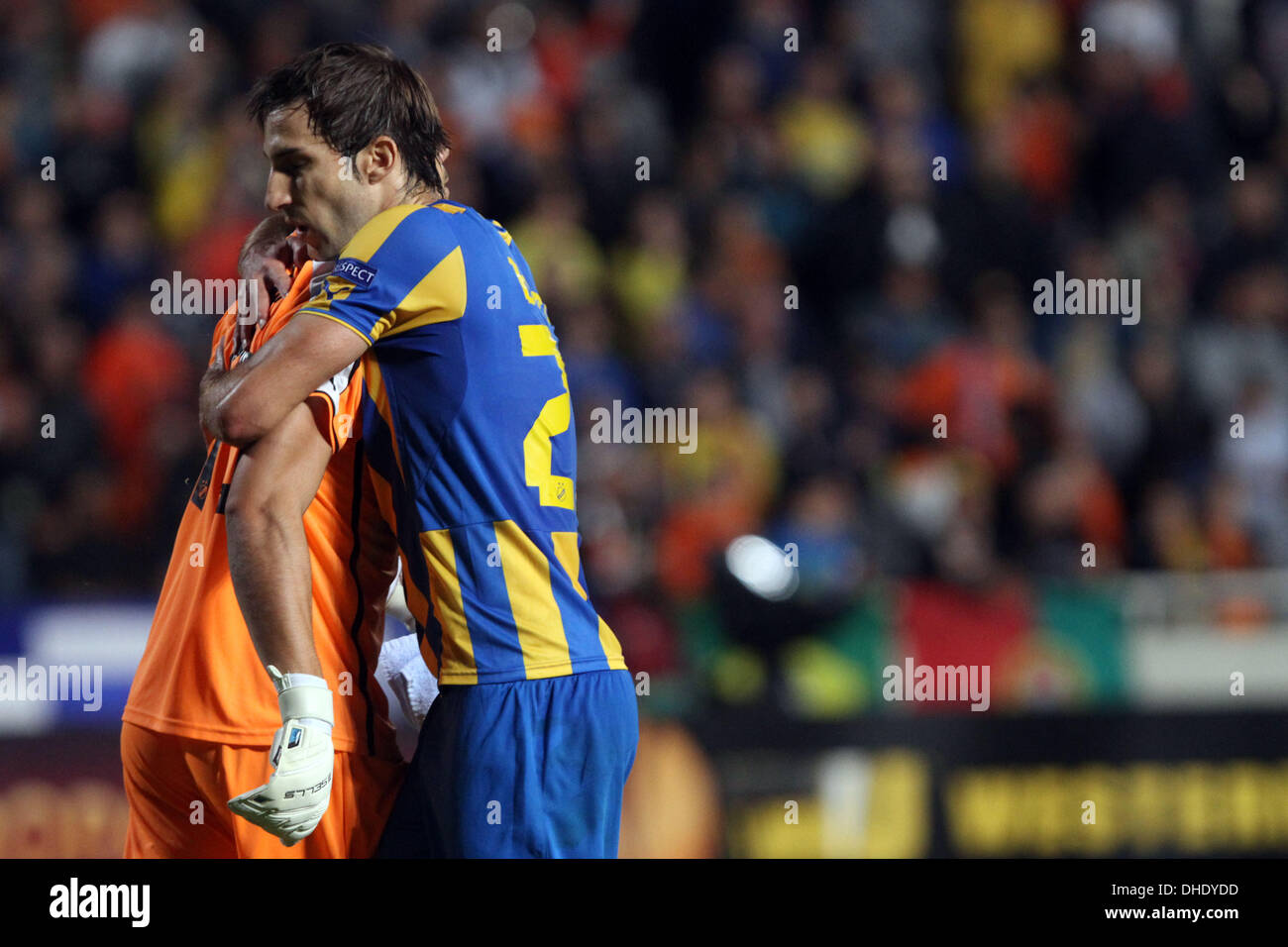 Apoel FC players celebrate their win during their Europa League soccer ...