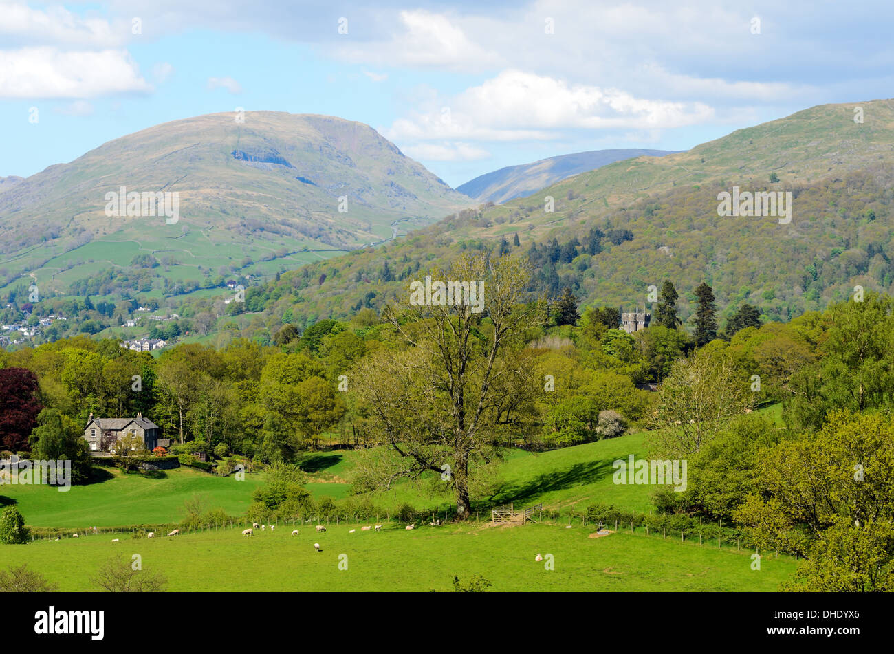 View of Ambleside and Hart Crag from High Wray near Lake Windermere in ...