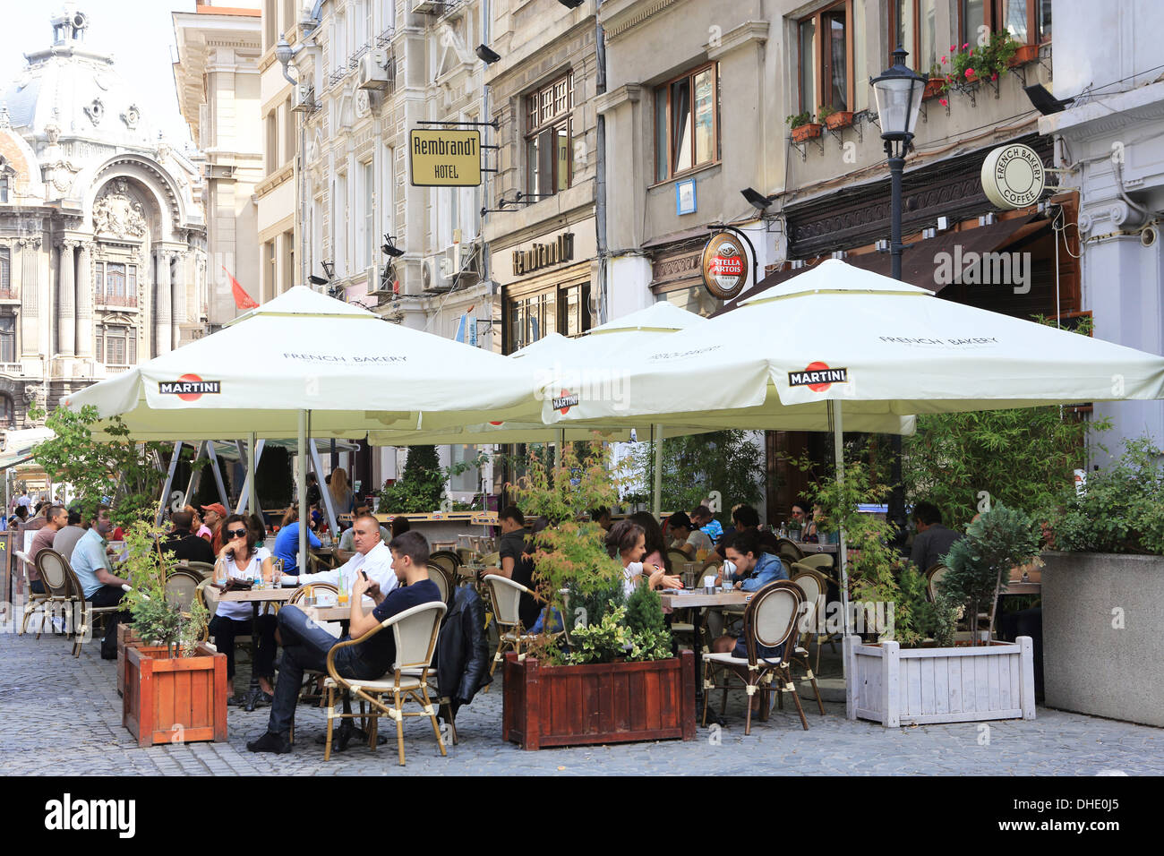 Busy cafes in the summer in Lipscani, the historical old town of ...