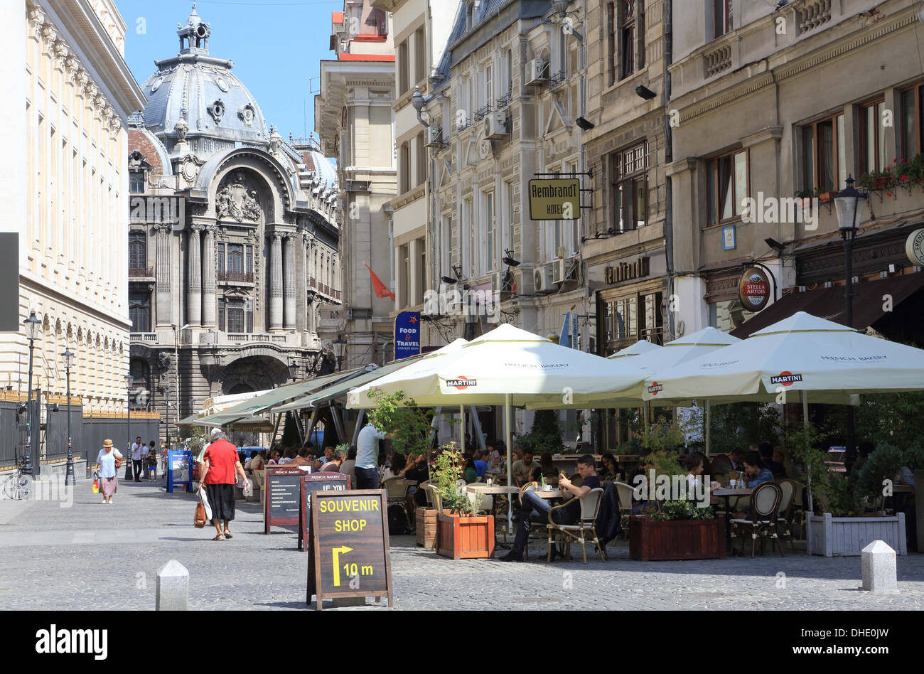 Busy cafes in the summer in Lipscani, the historical old town of ...