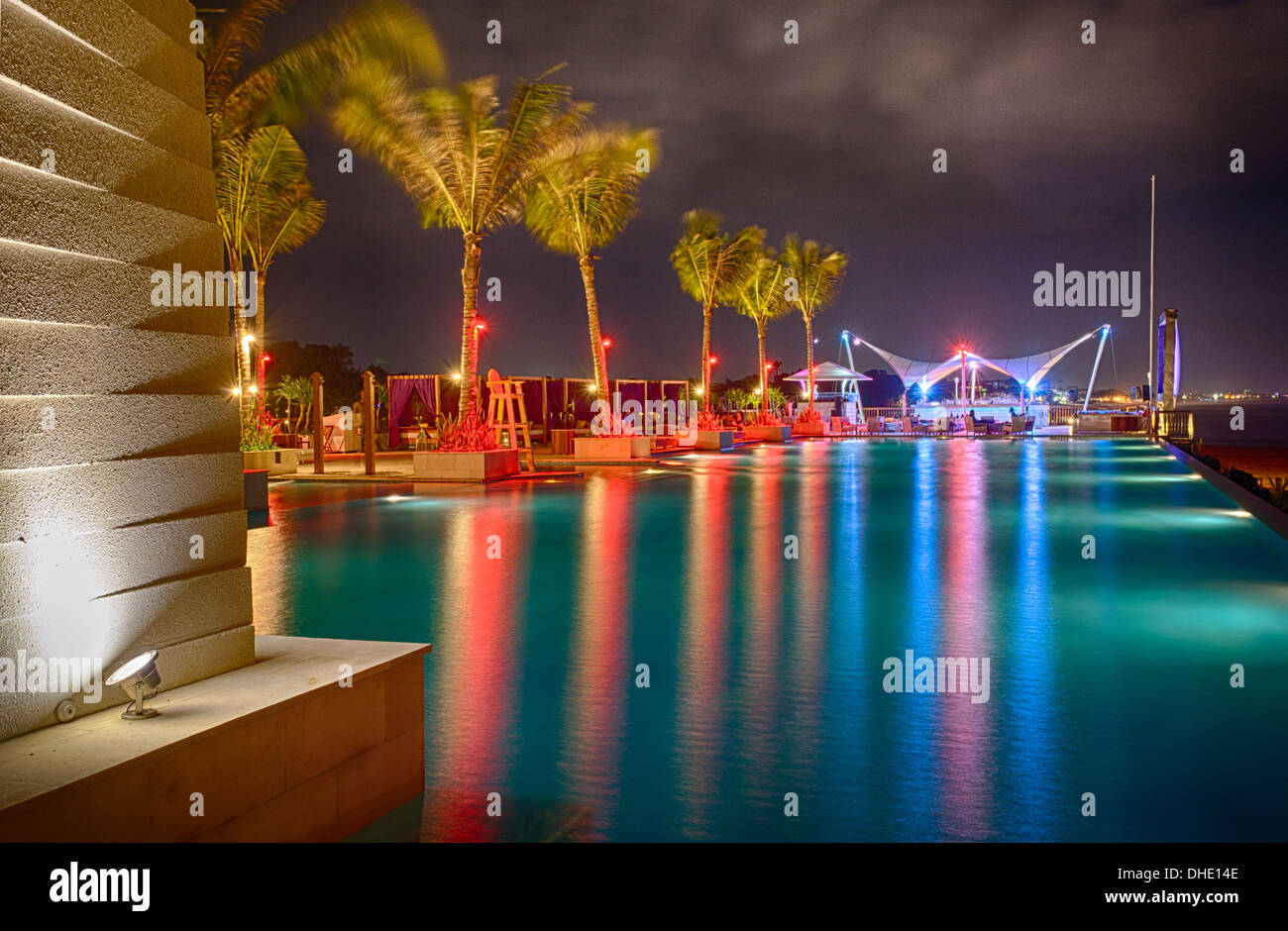 night view pool hotel Bali reflection bar trees color colorful attract ...