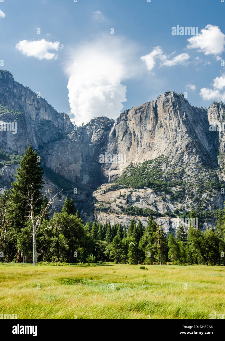 Yosemite National Park, CA, USA. Upper Yosemite Falls with thundercloud ...