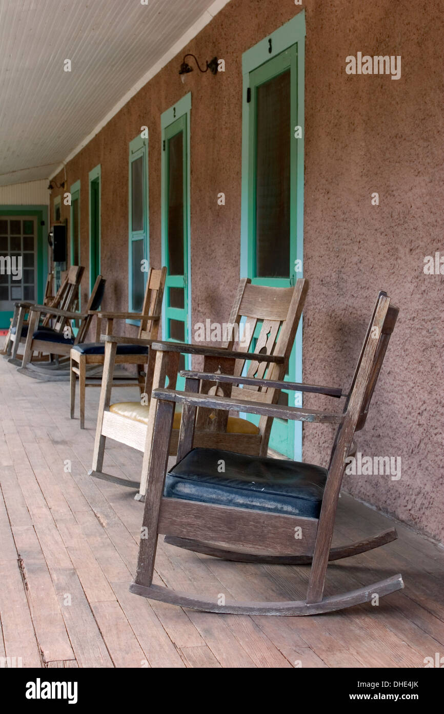 Rocking chairs on porch, historic Wortley Hotel, Lincoln, New Mexico ...