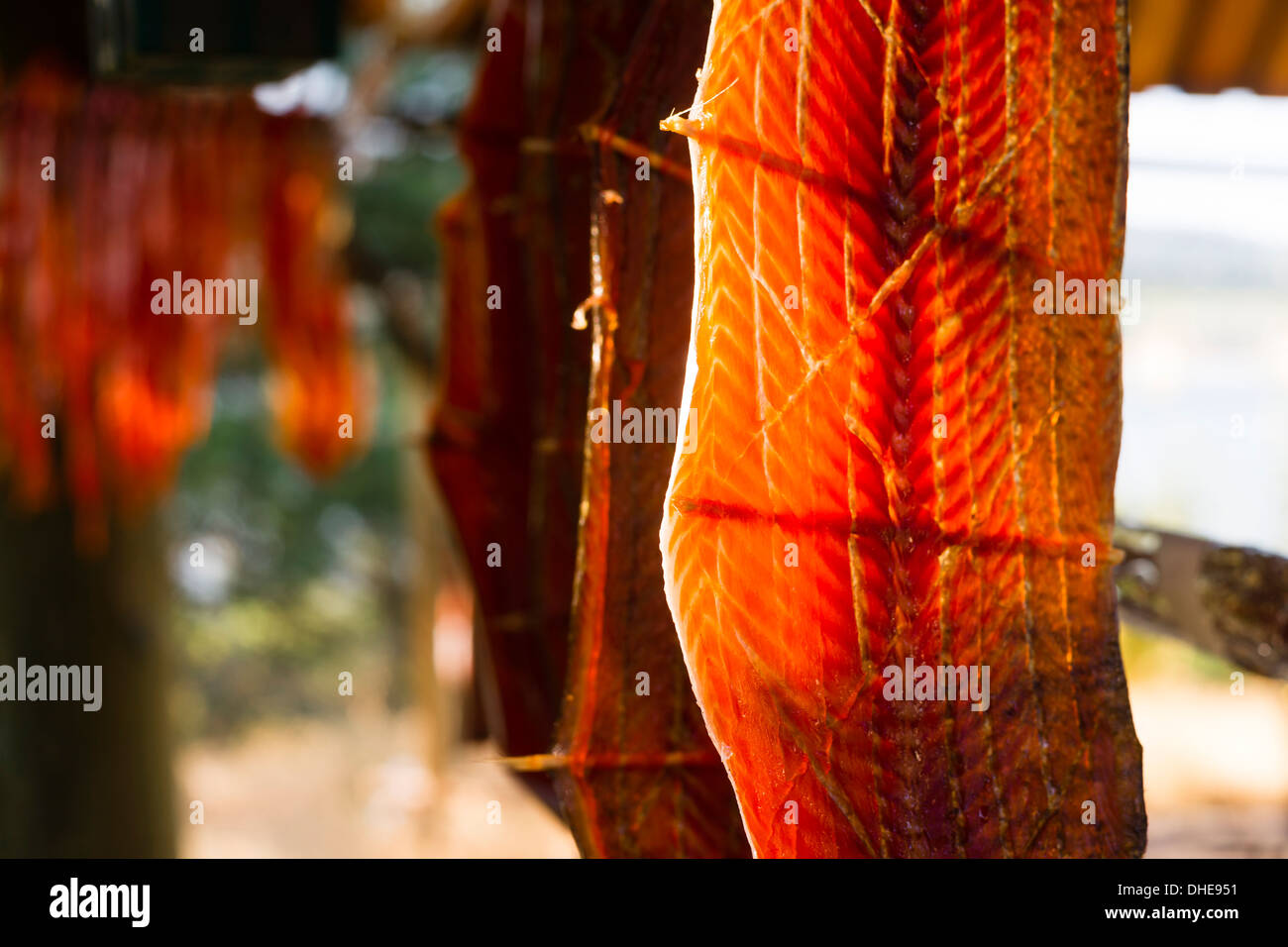 Meat is cut and hanged to dry outdoors in the lodge Stock Photo - Alamy