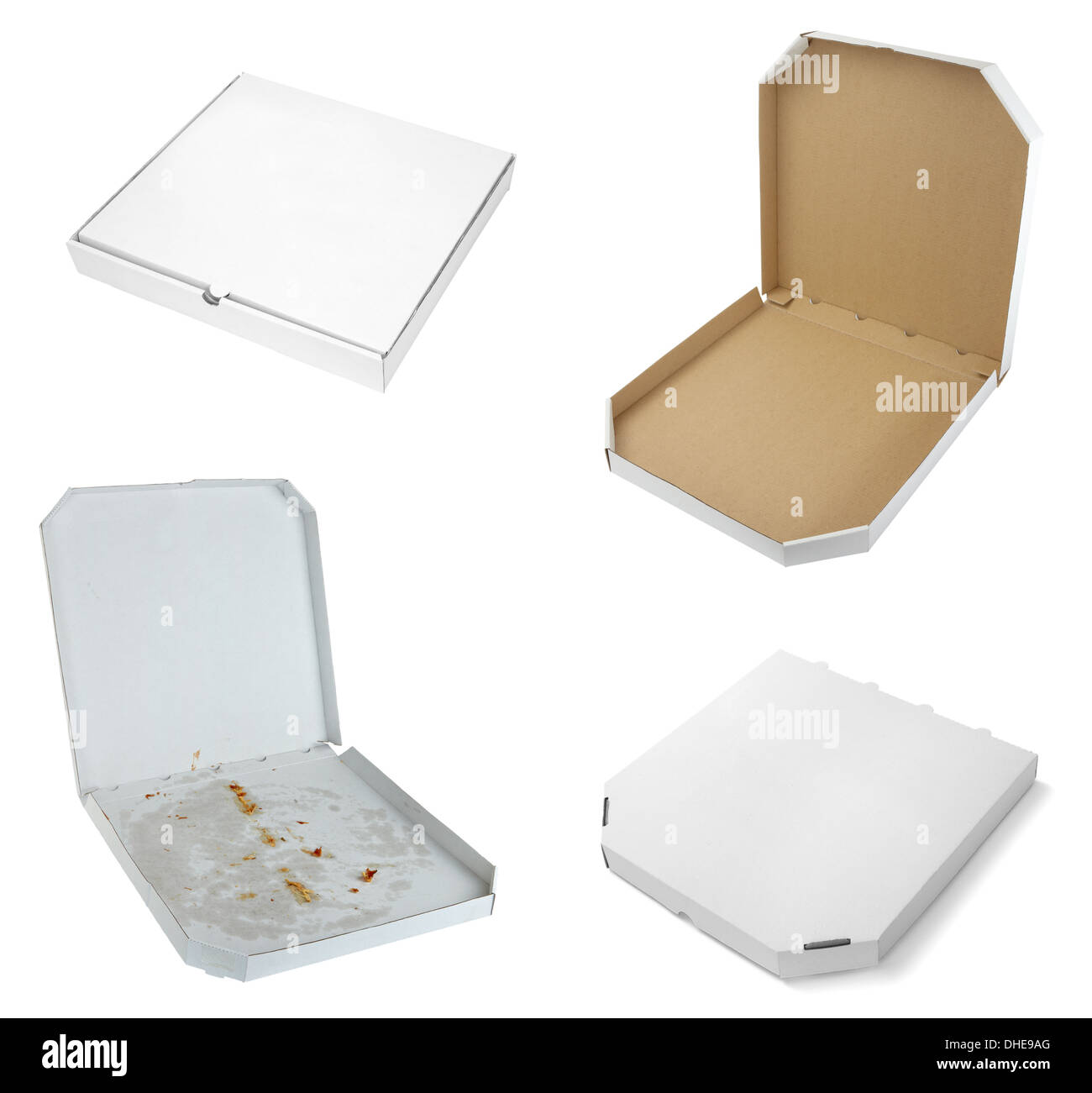 collection of a pizza boxes on white background. each one is shot ...