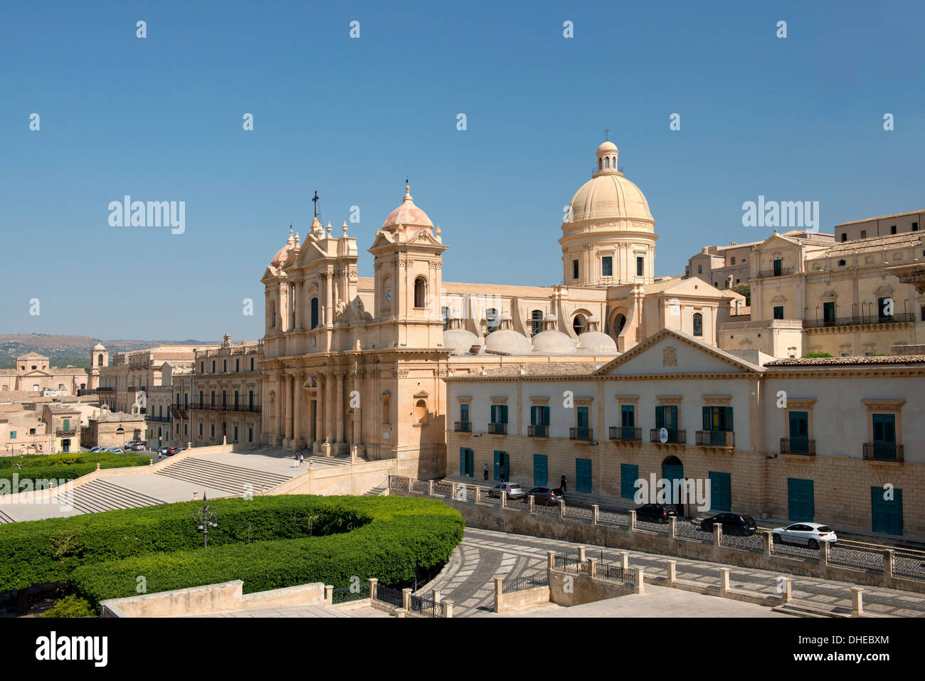 An aerial view of the Baroque style city of Noto including the Duomo ...