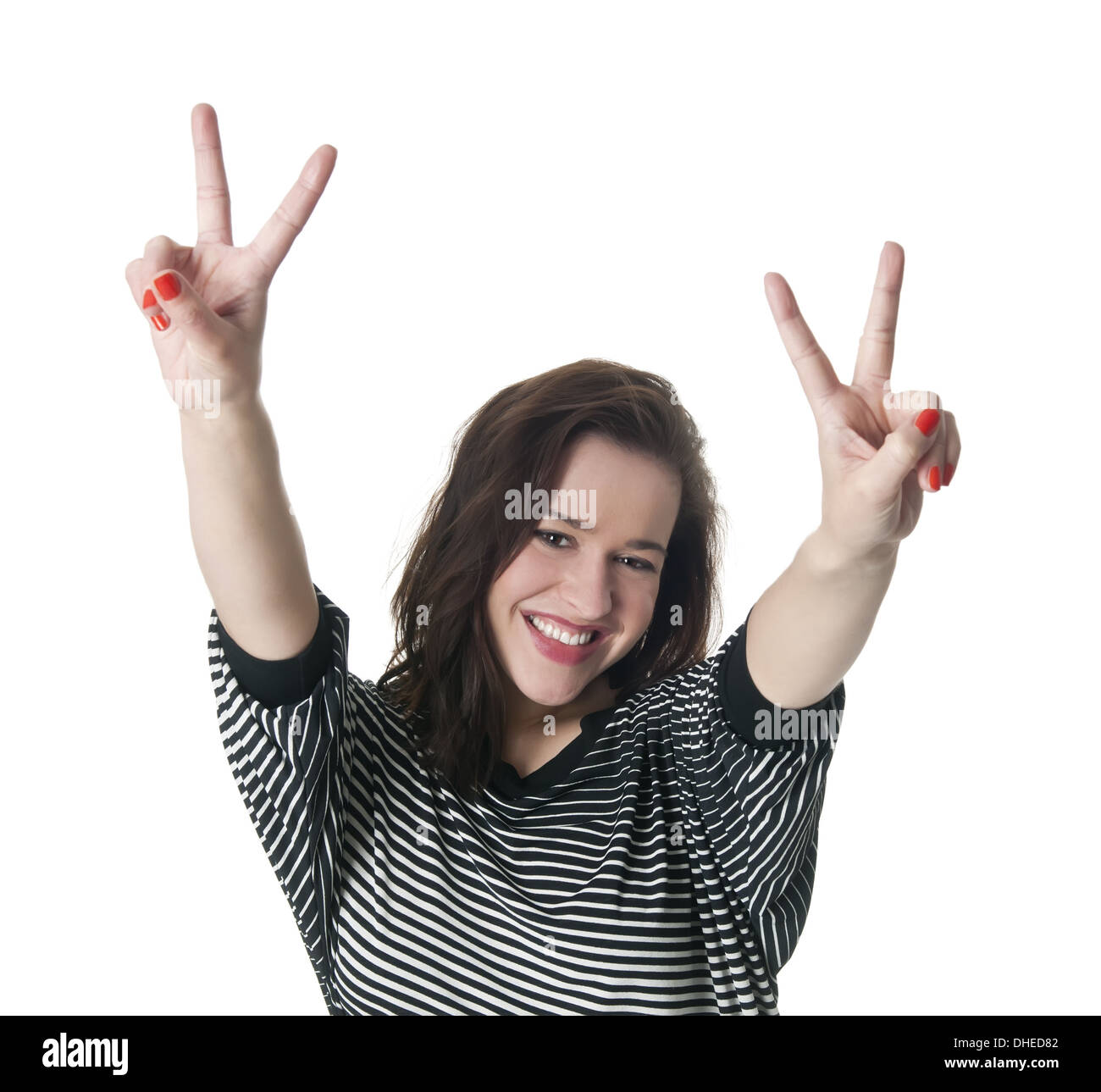 woman showing victory-sign Stock Photo - Alamy