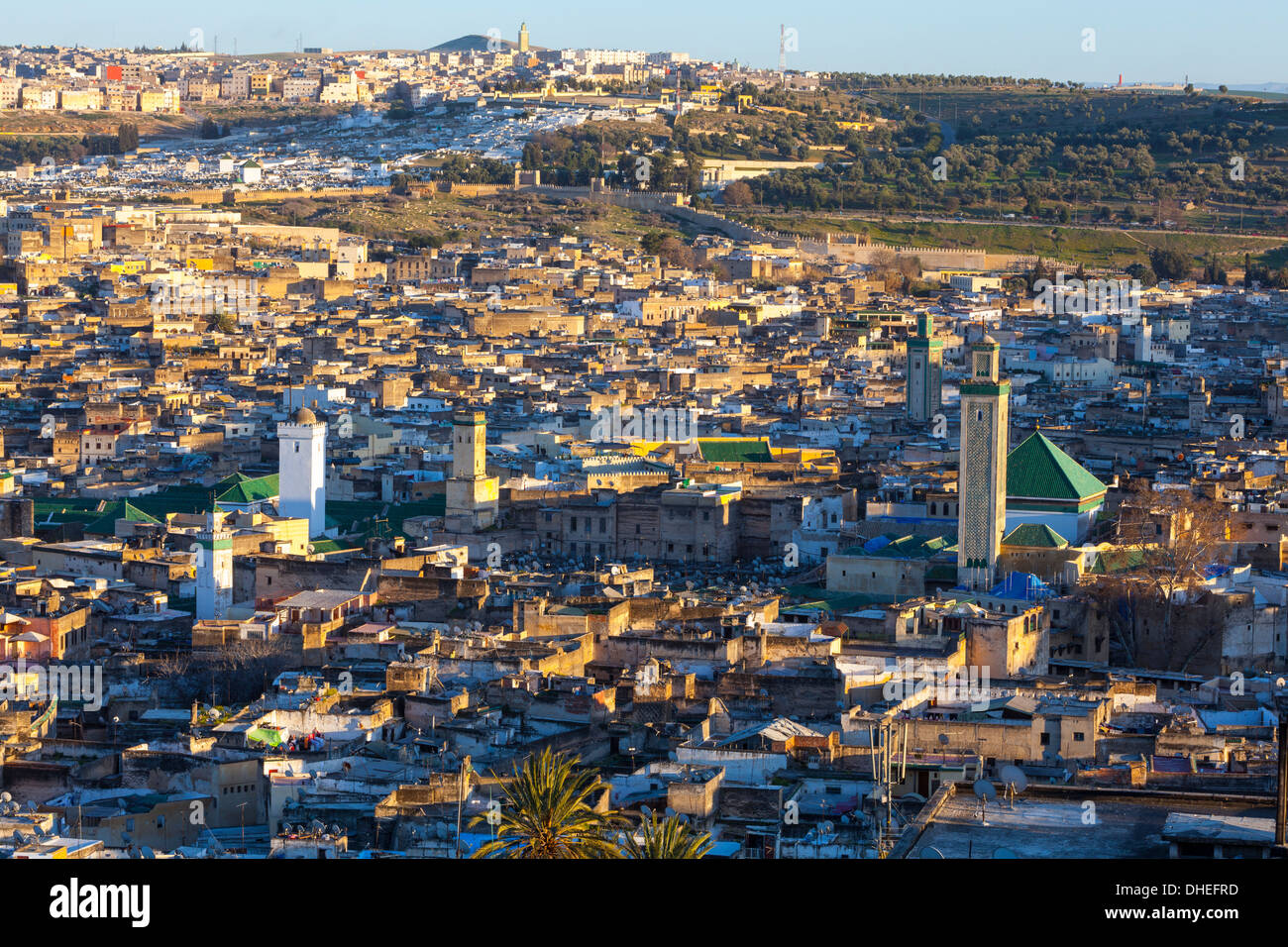 Elevated view across the Old Medina of Fes, UNESCO World Heritage Site ...