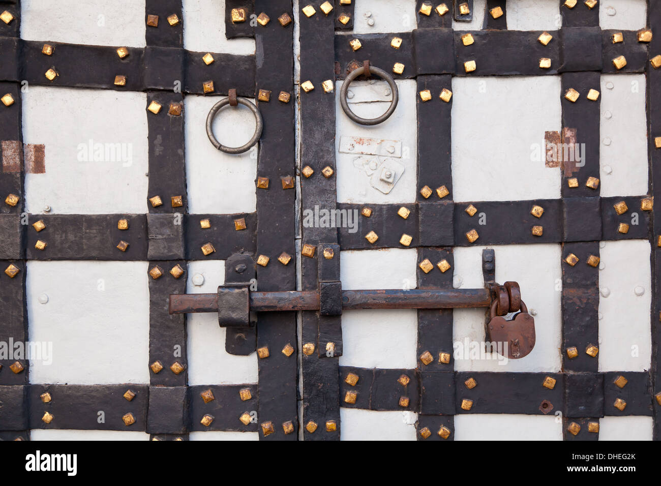 Doors with iron strips. Side entrance to the Archangelsky cathedral in ...