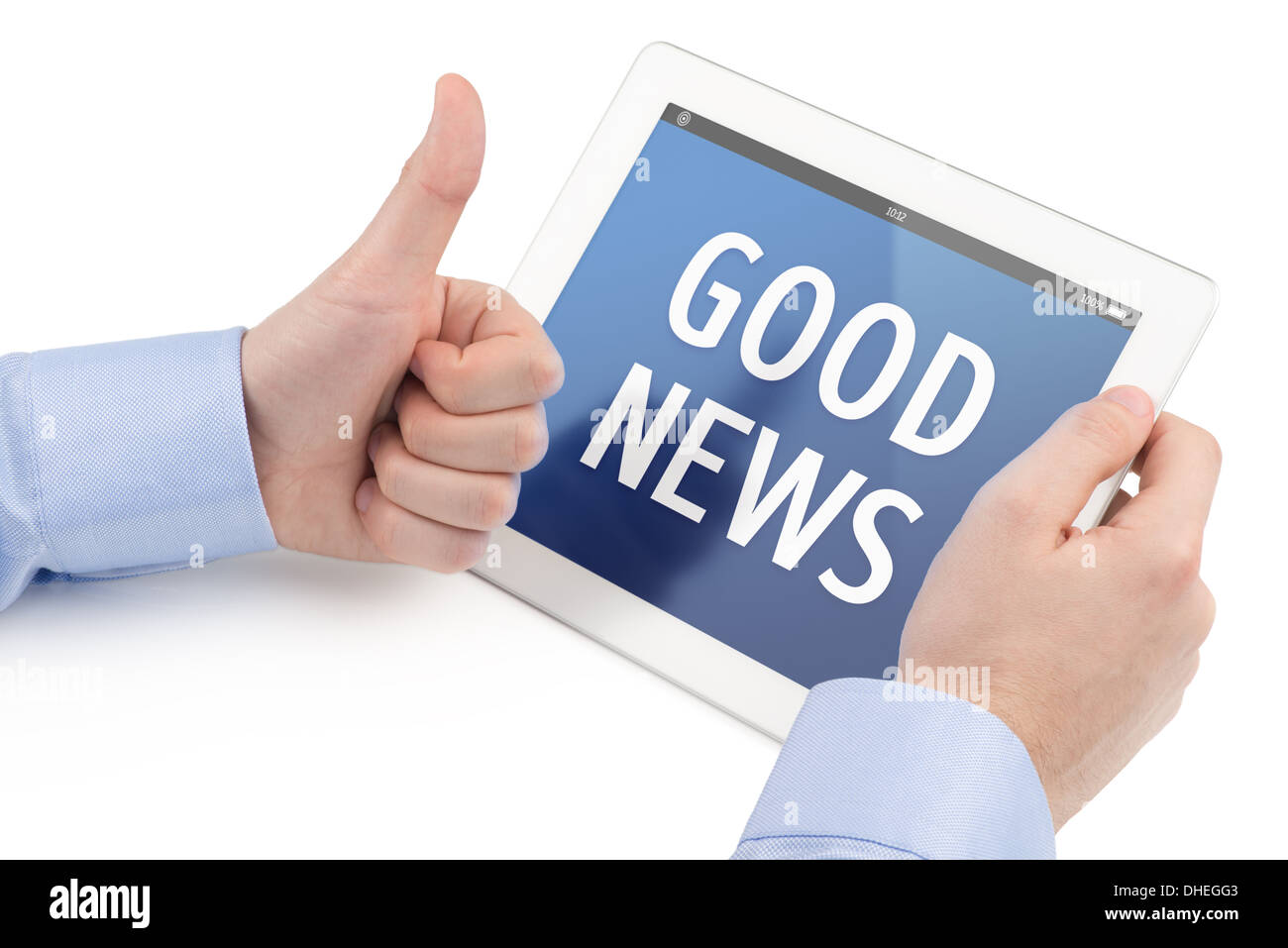 Mans hand shows thumbs up gesture at the tablet computer screen on ...