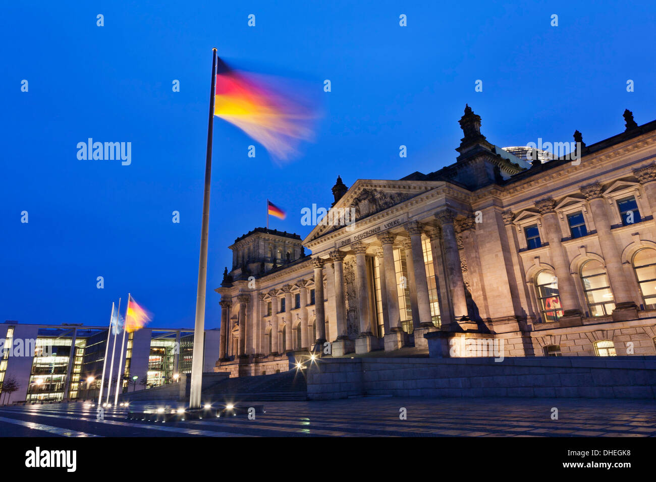 Reichstag and German flags at night, Mitte, Berlin, Germany, Europe ...