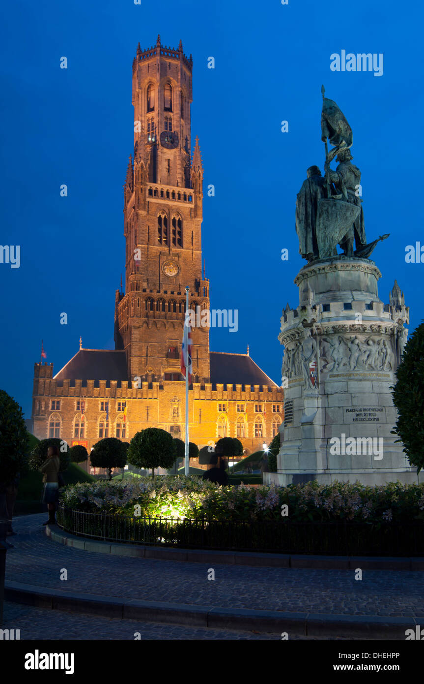 Belfry tower at dusk in Bruges, UNESCO World Heritage Site, Belgium ...