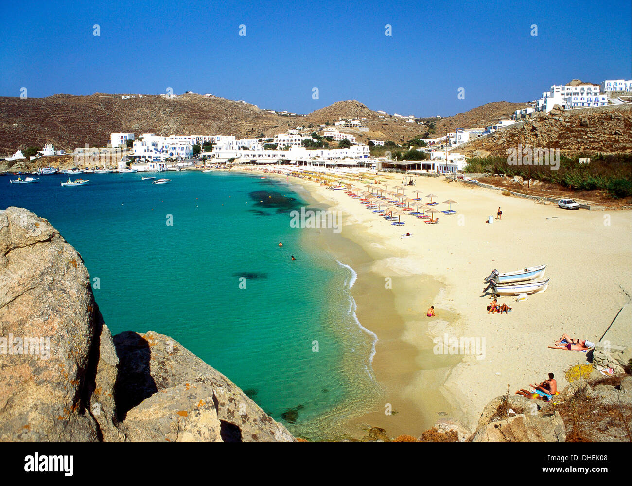 Beach, Plati Yialos, Mykonos, Greece Stock Photo - Alamy