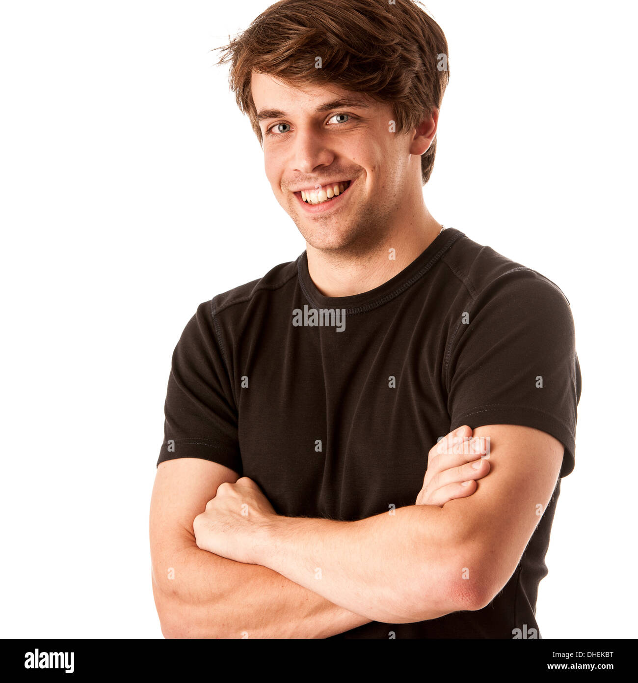 Young man in black tshirt isolated over white background Stock Photo ...