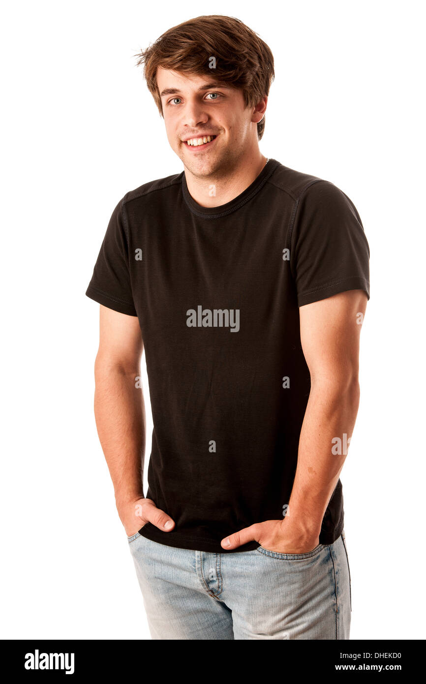 Young man in black tshirt isolated over white background Stock Photo ...