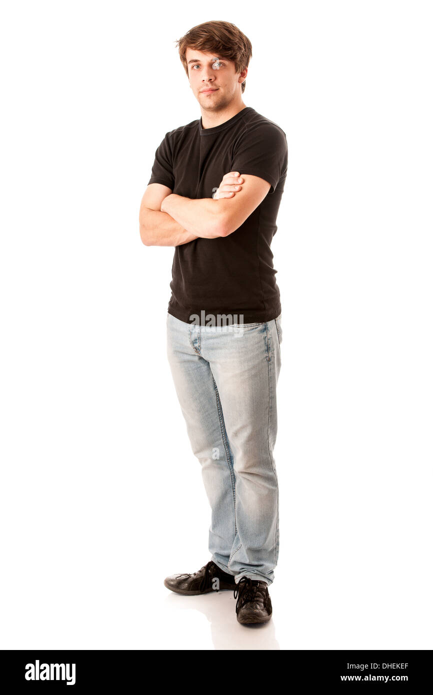 Young man in black tshirt isolated over white background Stock Photo ...