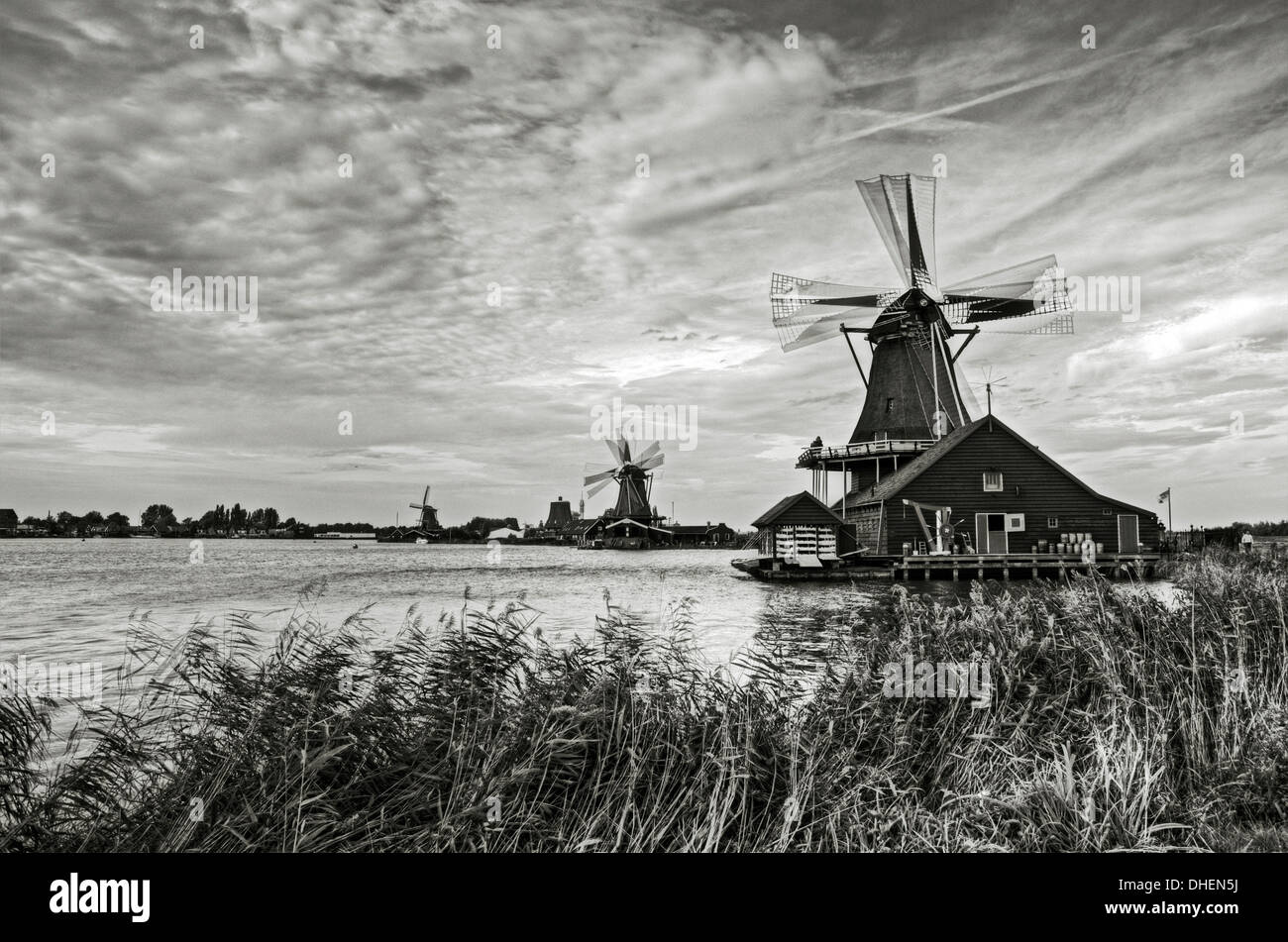 Traditional Dutch windmills at Zaanse Schans, blades of the windmills ...
