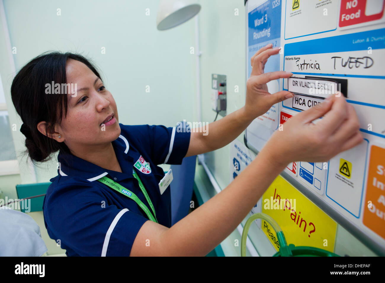A female Filipino nurse changes the patient details above an NHS bed UK ...