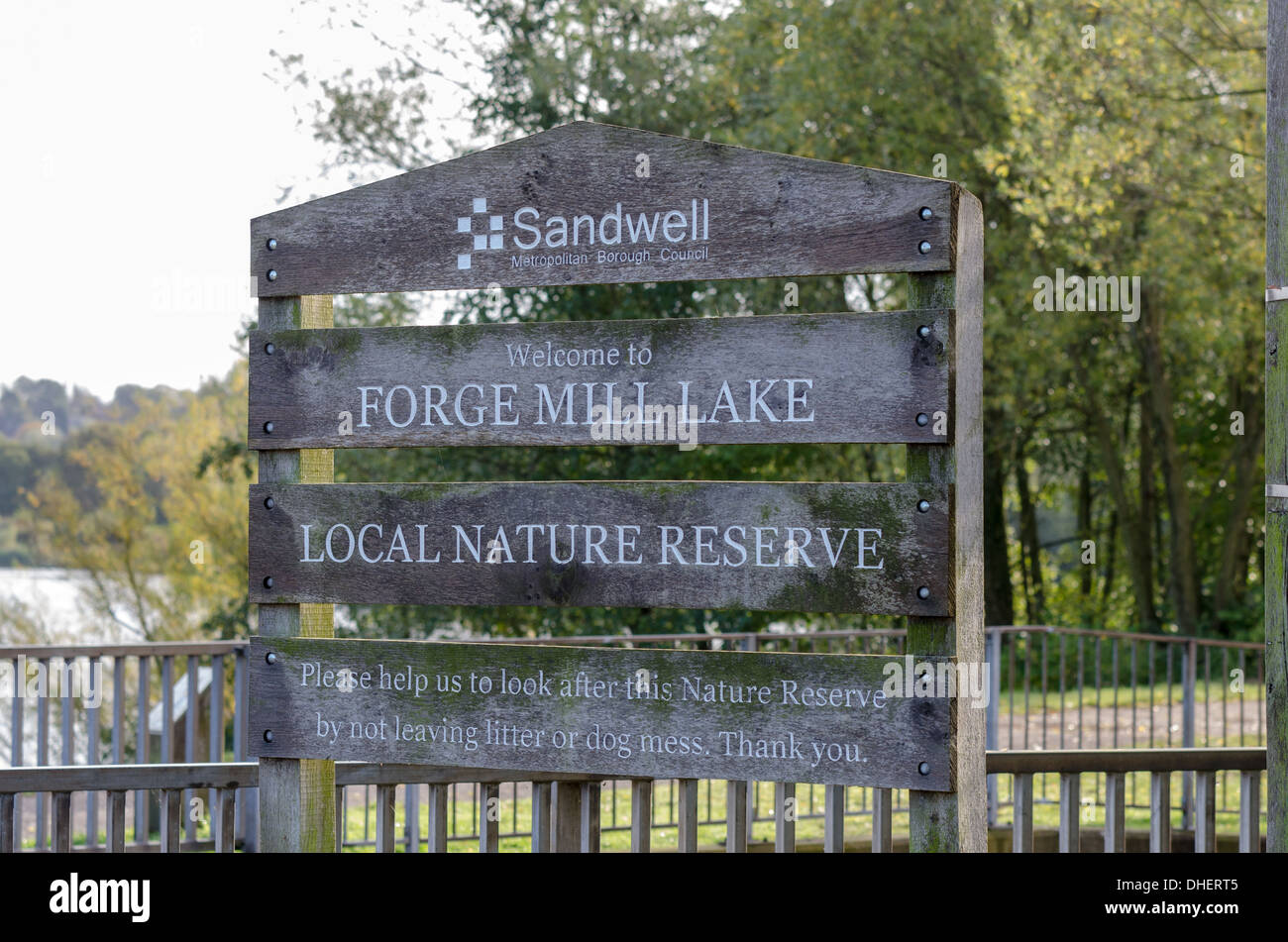 Welcome sign at Forge Mill Lake local nature reserve in Sandwell, West ...