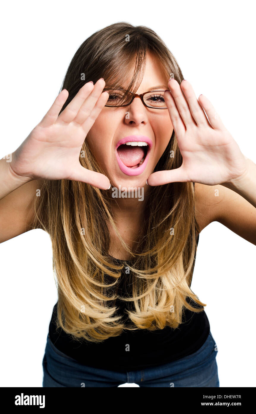 portrait of pretty young beautiful woman loud screaming or calling out ...