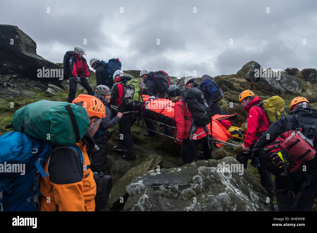 Edale Mountain Rescue service on a training exercise carrying stretcher ...