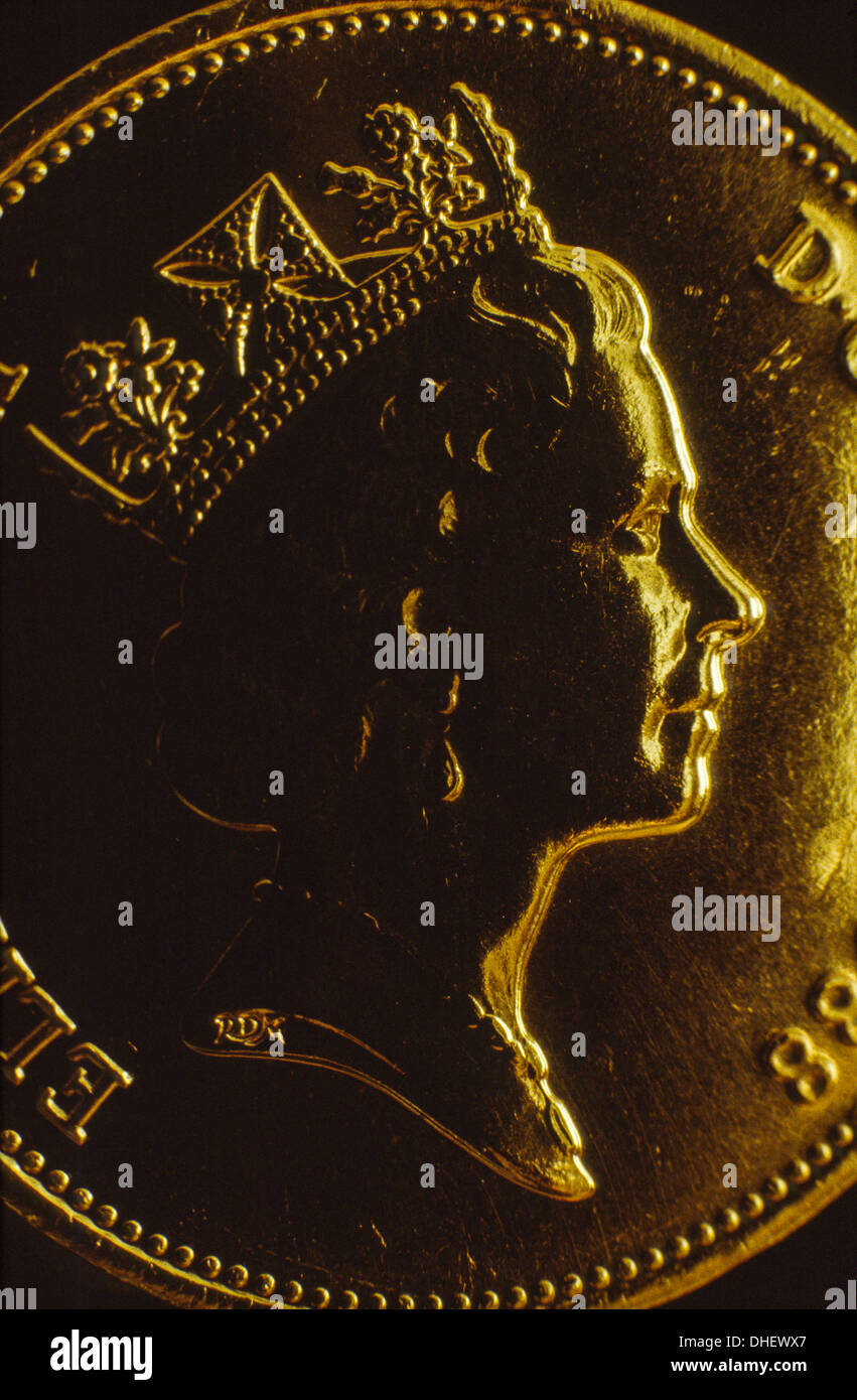 A side-lit close up of the portrait of Her Majesty Queen Elizabeth 2nd ...