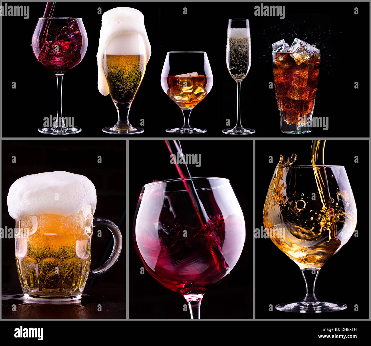different images of alcohol - beer, martini, cola, champagne, wine ...