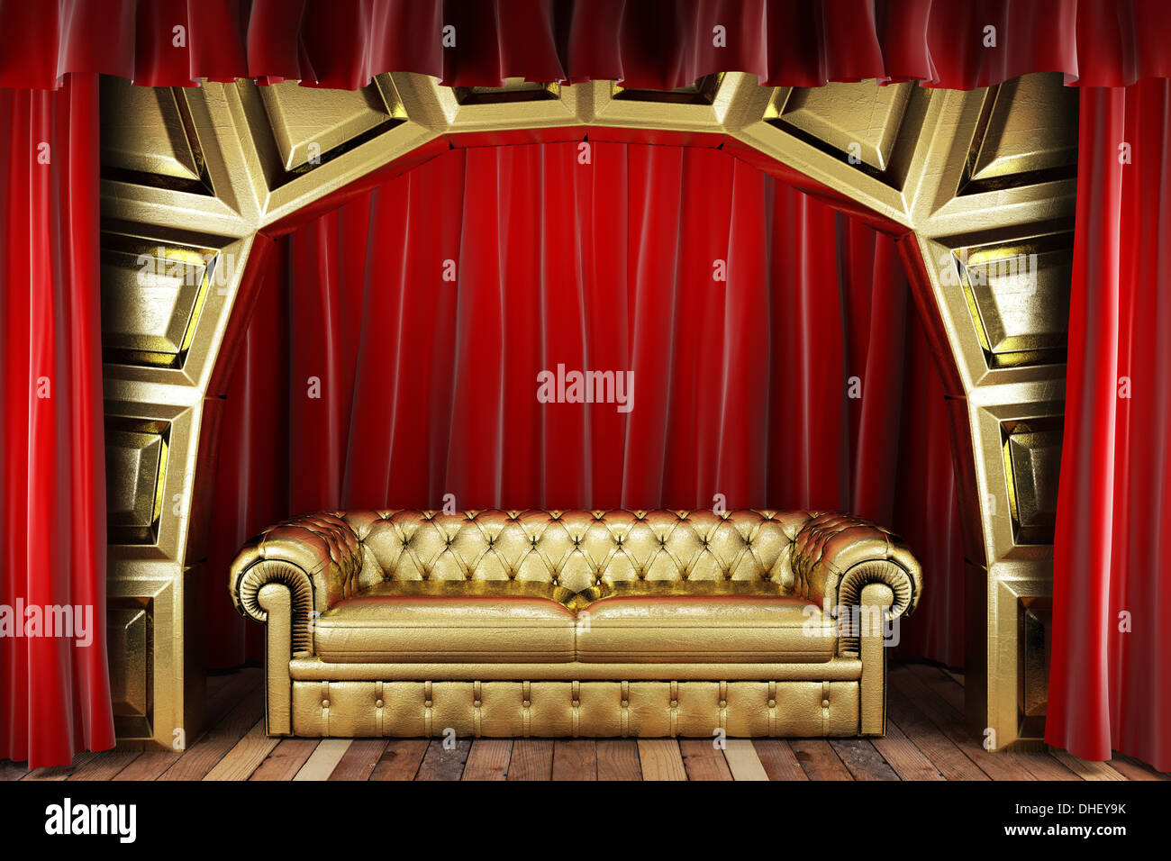 red fabric curtain and sofa on golden stage Stock Photo - Alamy