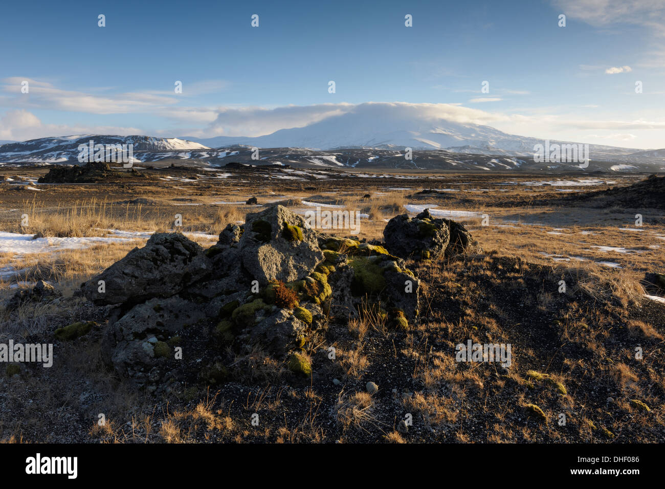 View on a frozen volcanic landscape with Hekla vulcan in background ...