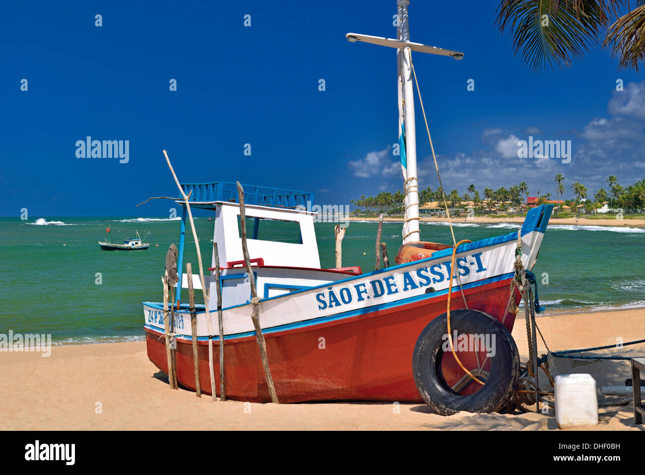 Brazil, Bahia: Colorful fishermen´s boat at beach of former Hippie ...
