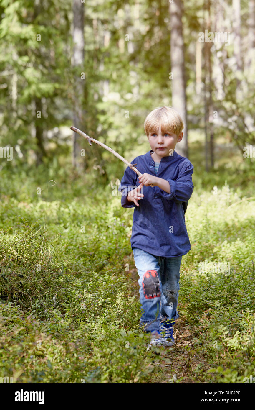 Boy walking through forest carrying stick Stock Photo - Alamy