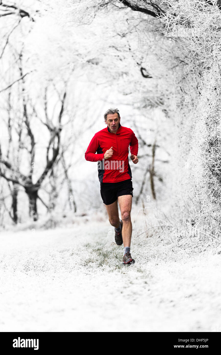 Man running through woods in winter, Wenlock Edge, Shropshire, England ...