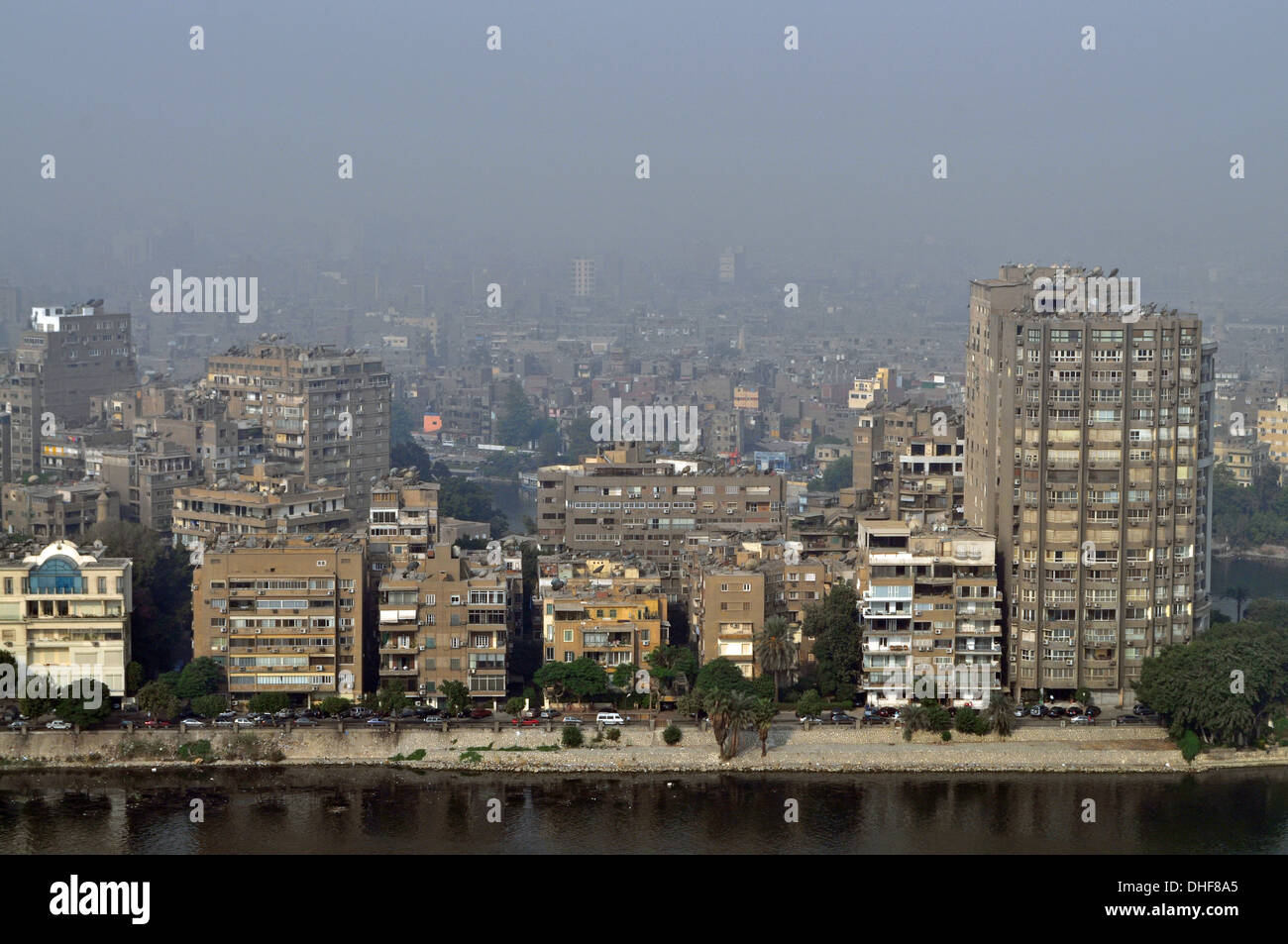 Aerial view of waterfront apartment buildings in Zamalek on Gezira ...