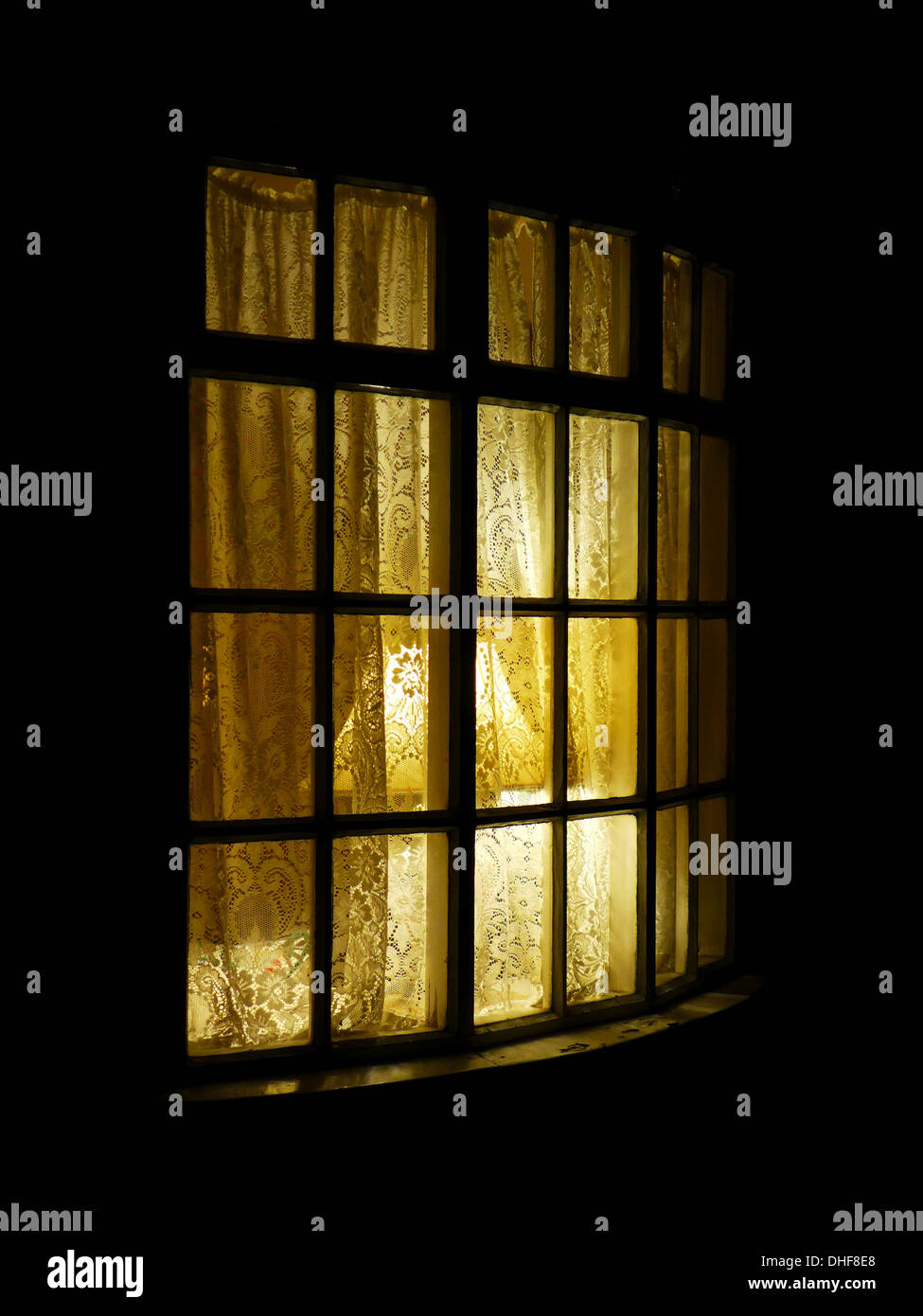 Bow fronted window on house photographed at night, Wanstead, London ...