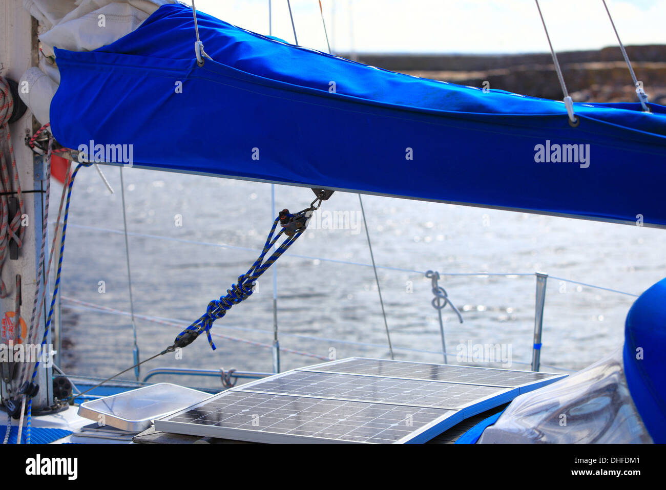 Solar charging batteries aboard a sail boat. Photovoltaic panels ...