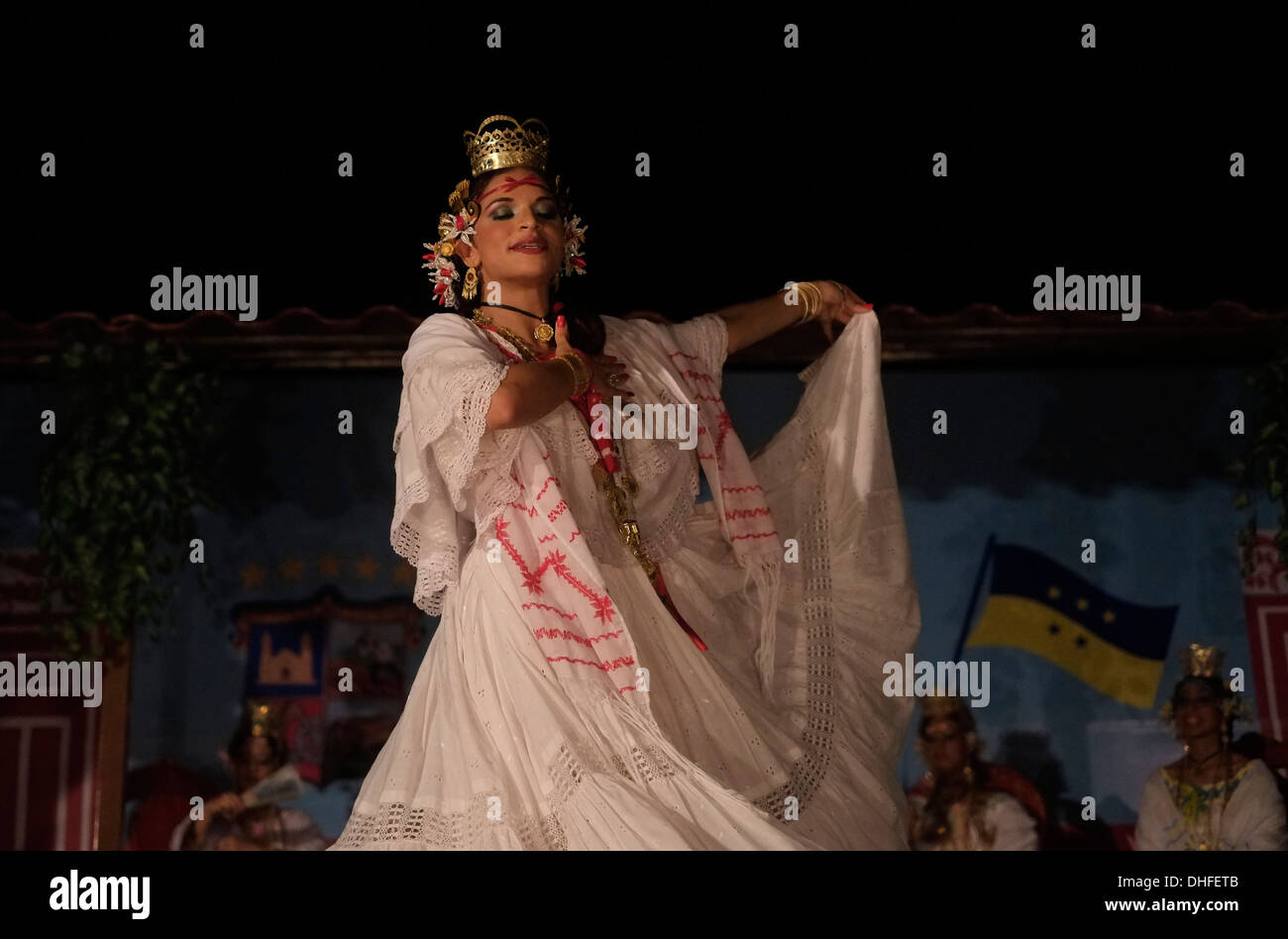 Panamanian women wearing a typical Gala Pollera.outfit dance during the ...