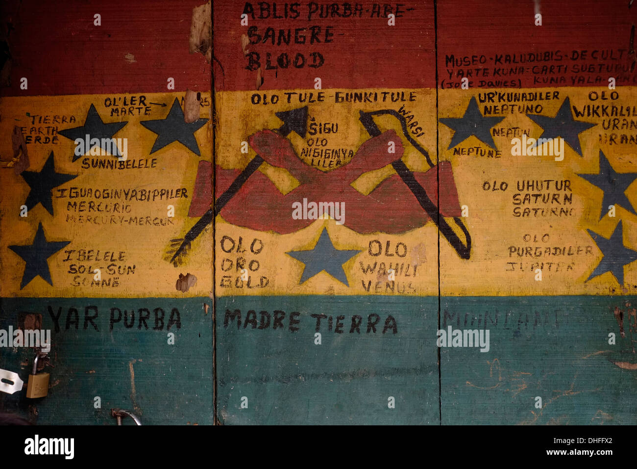 Painted doorway depicting the flag of Aligandi community in Carti ...