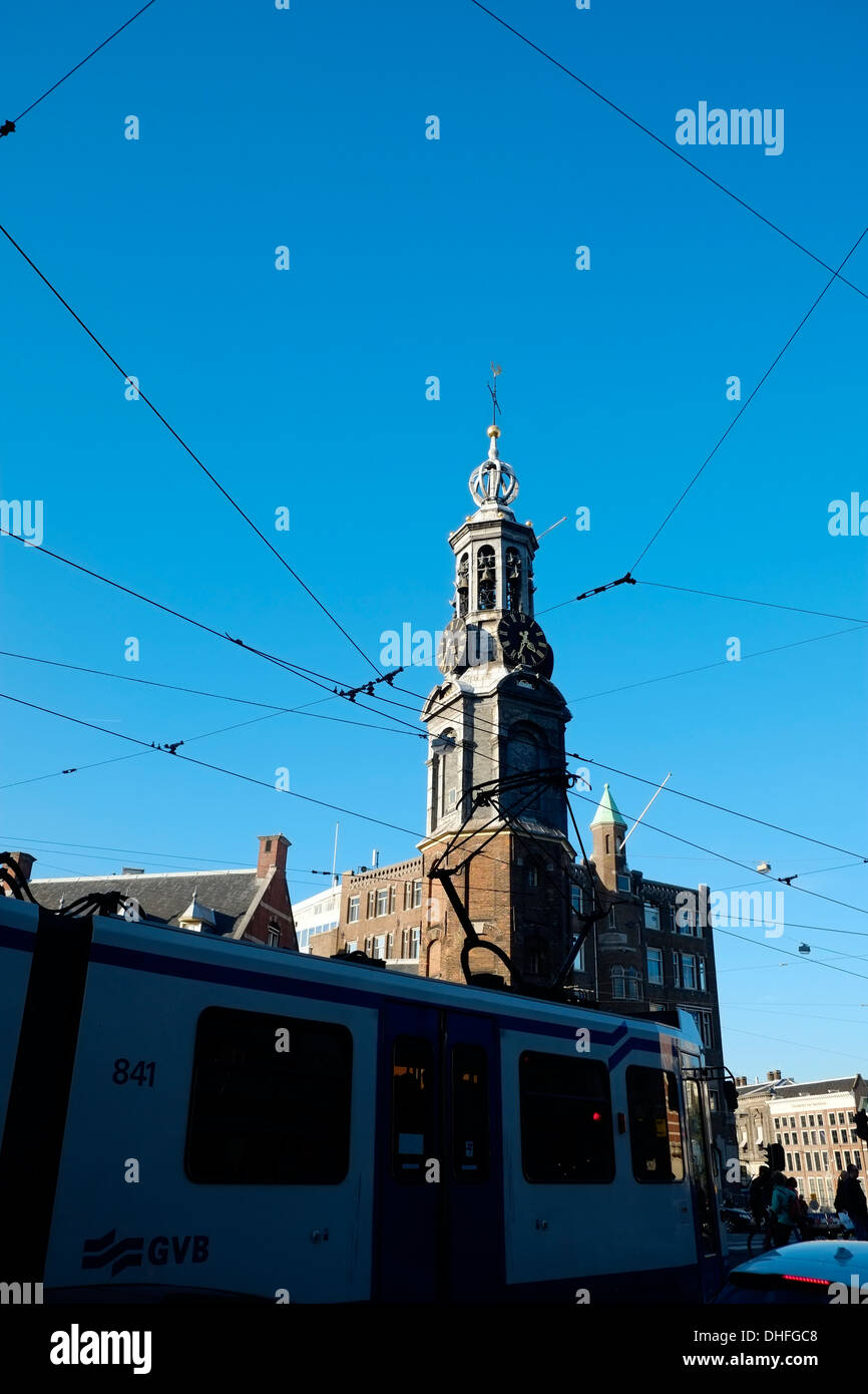 Westerkerk church with trams passing by in Amsterdam Netherlands Stock ...