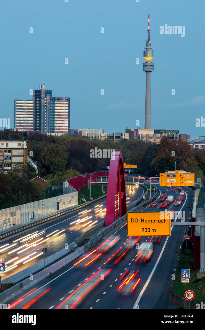 City skyline of Dortmund, Germany. Motorway, Autobahn A40, TV tower ...