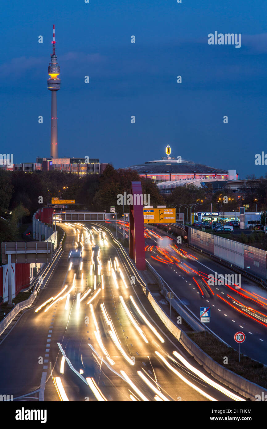 City skyline of Dortmund, Germany. Motorway, Autobahn A40, TV tower ...