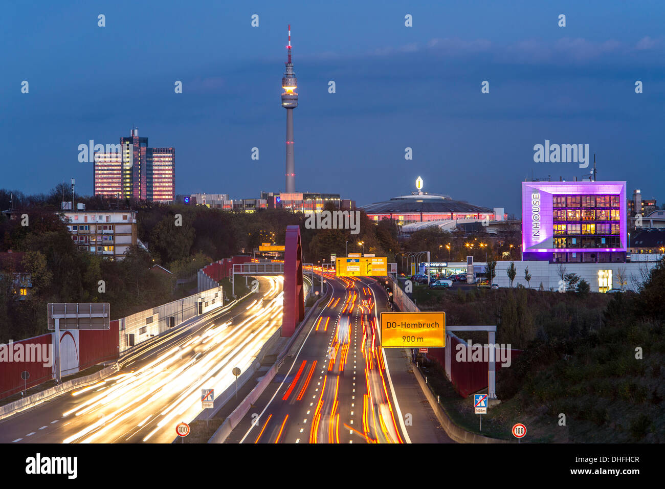 City skyline of Dortmund, Germany. Motorway, Autobahn A40, TV tower ...