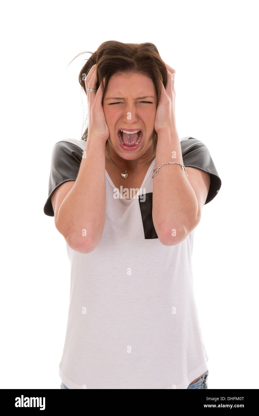Anxious young woman yelling of fear Stock Photo - Alamy