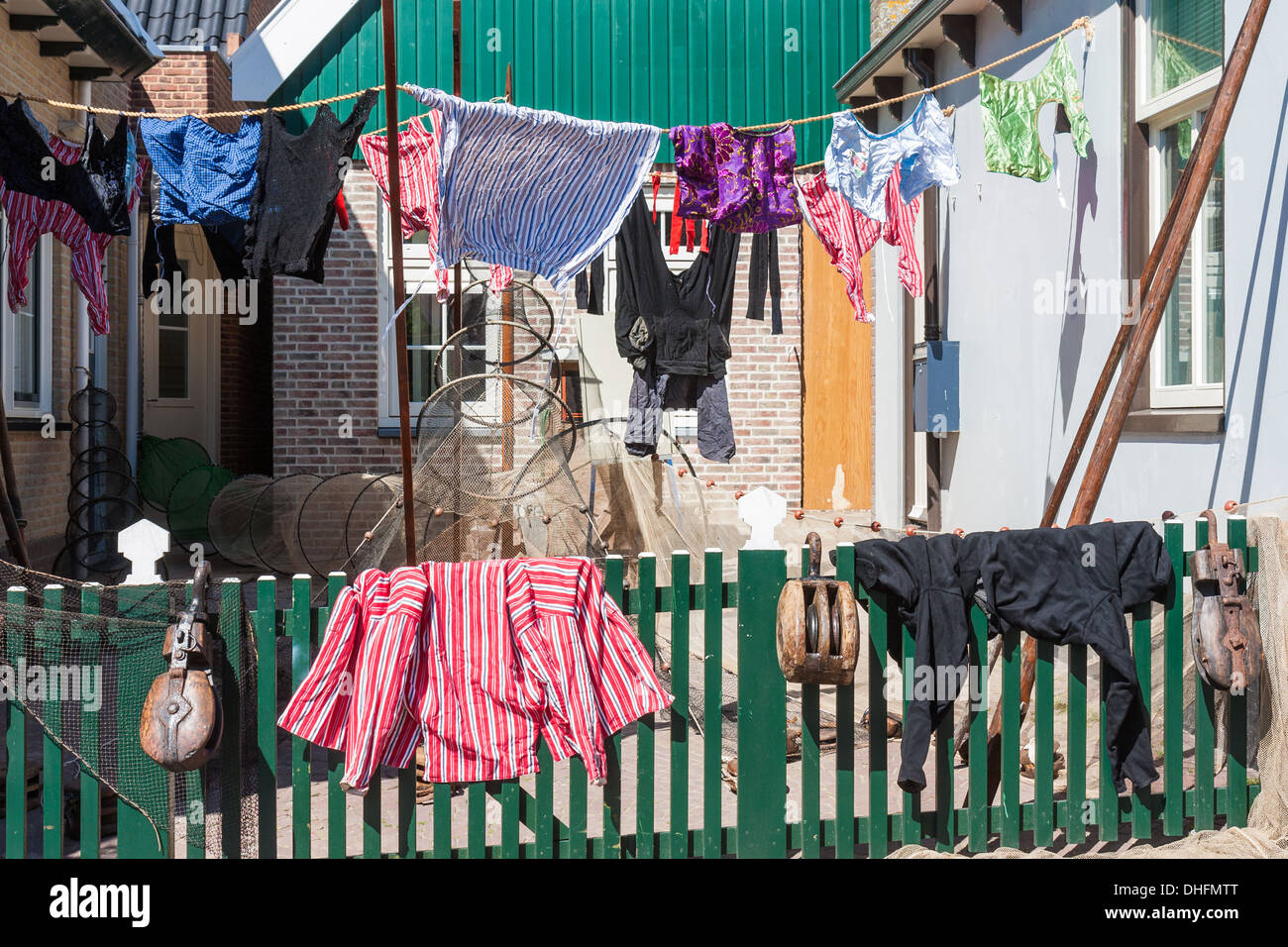 Traditional drying of washing in an ancient fishing village, the ...
